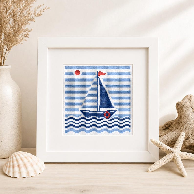 Sailboat Cross Stitch Pattern, Nautical Coastal Embroidery, Beach House ...