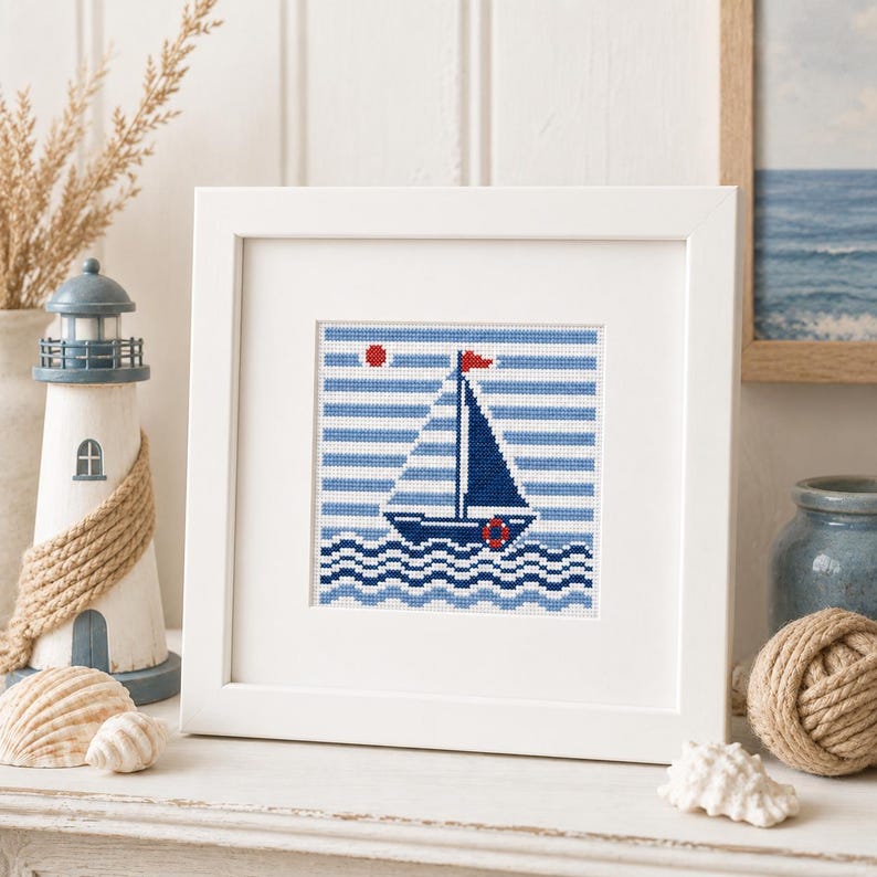 Sailboat Cross Stitch Pattern, Nautical Coastal Embroidery, Beach House ...