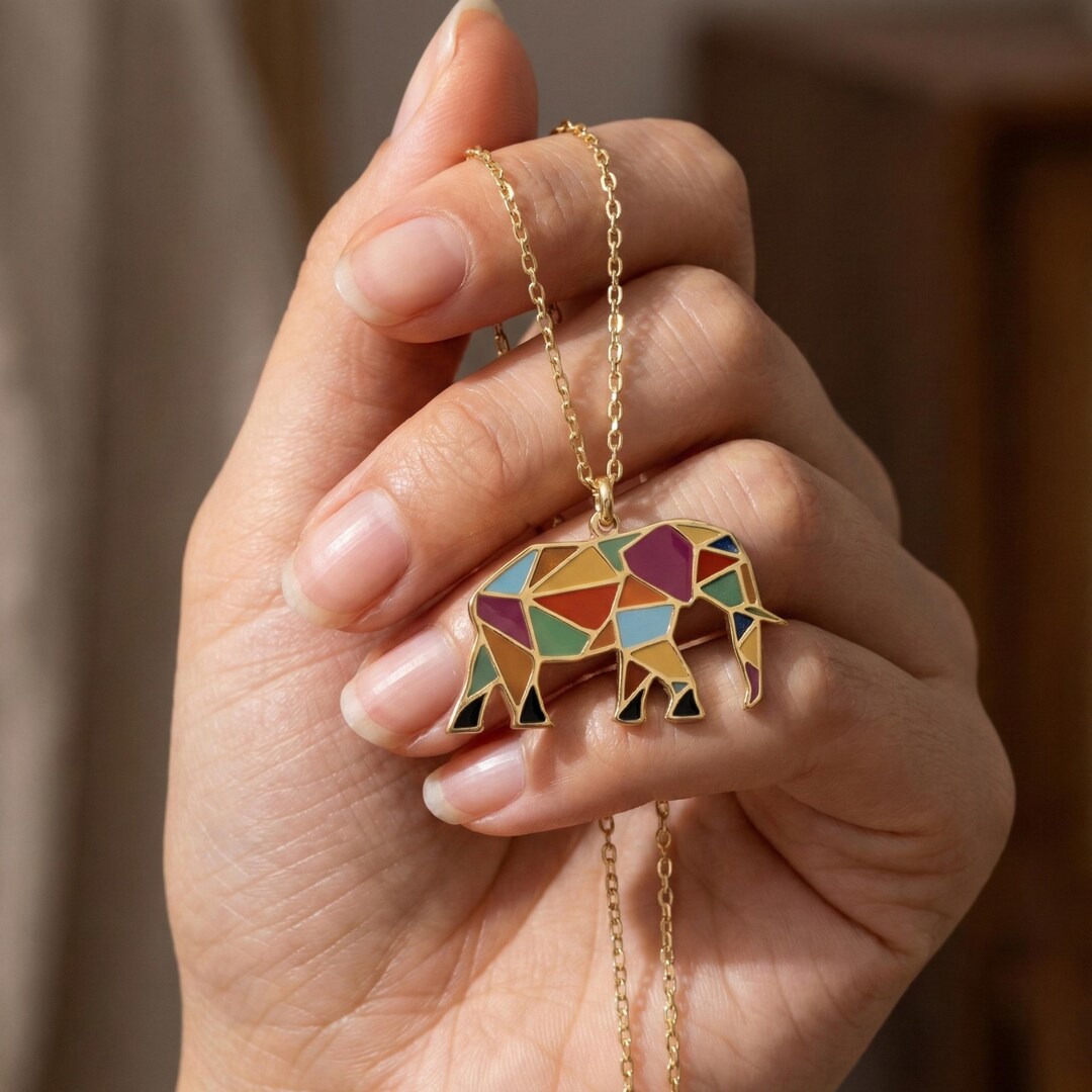 Geometric Elephant Necklace Colorful Enamel, Mosaic Animal Pendant 925 ...