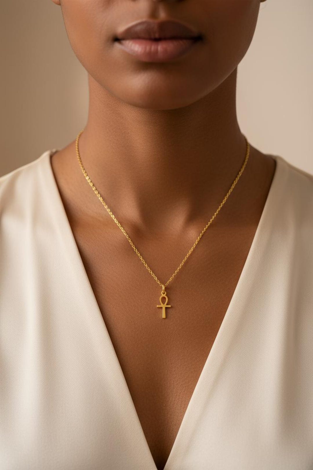 Minimalist Egyptian Ankh Cross Necklace, 925 Sterling Silver Gold ...