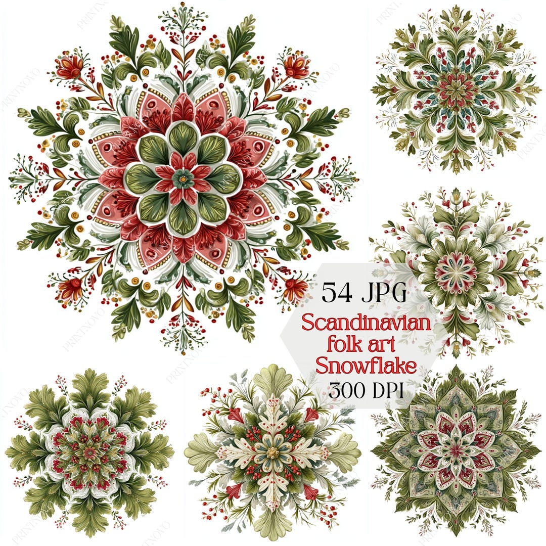 Scandinavian Folk Art Snowflake Clipart JPG, Elegant Nordic Christmas ...