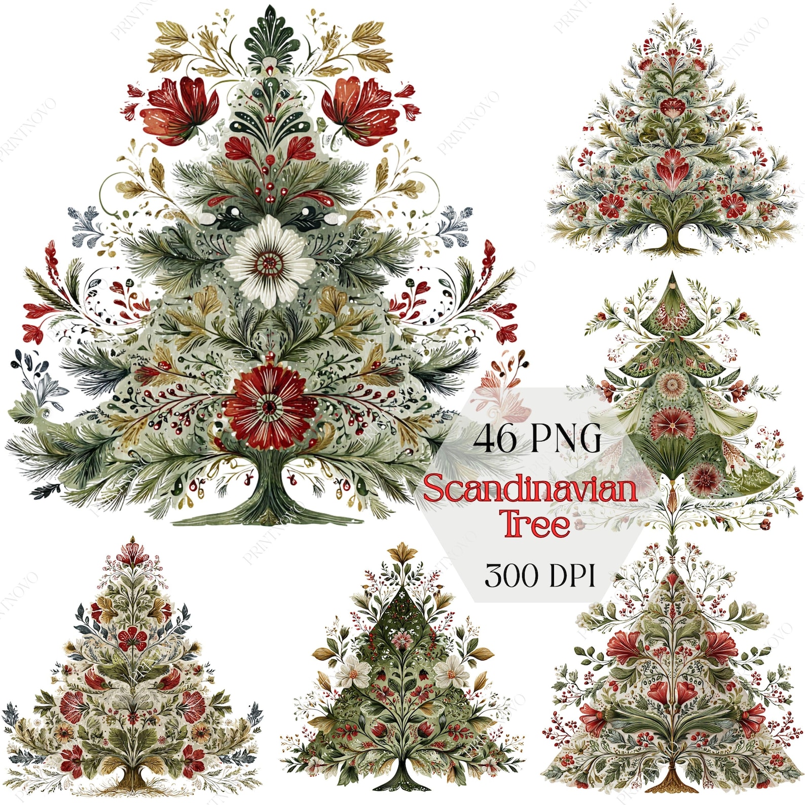 Scandinavian Folk Art Christmas Tree Clipart PNG, Nordic Style Holiday ...