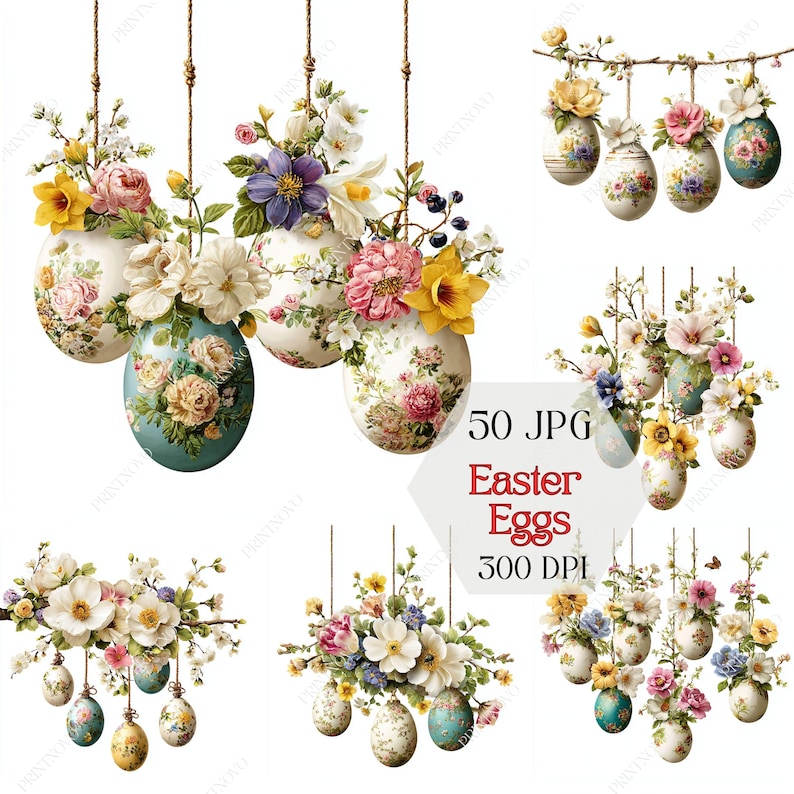 Elegant Watercolor Easter Eggs Clipart JPG, Spring Flowers and Holiday ...