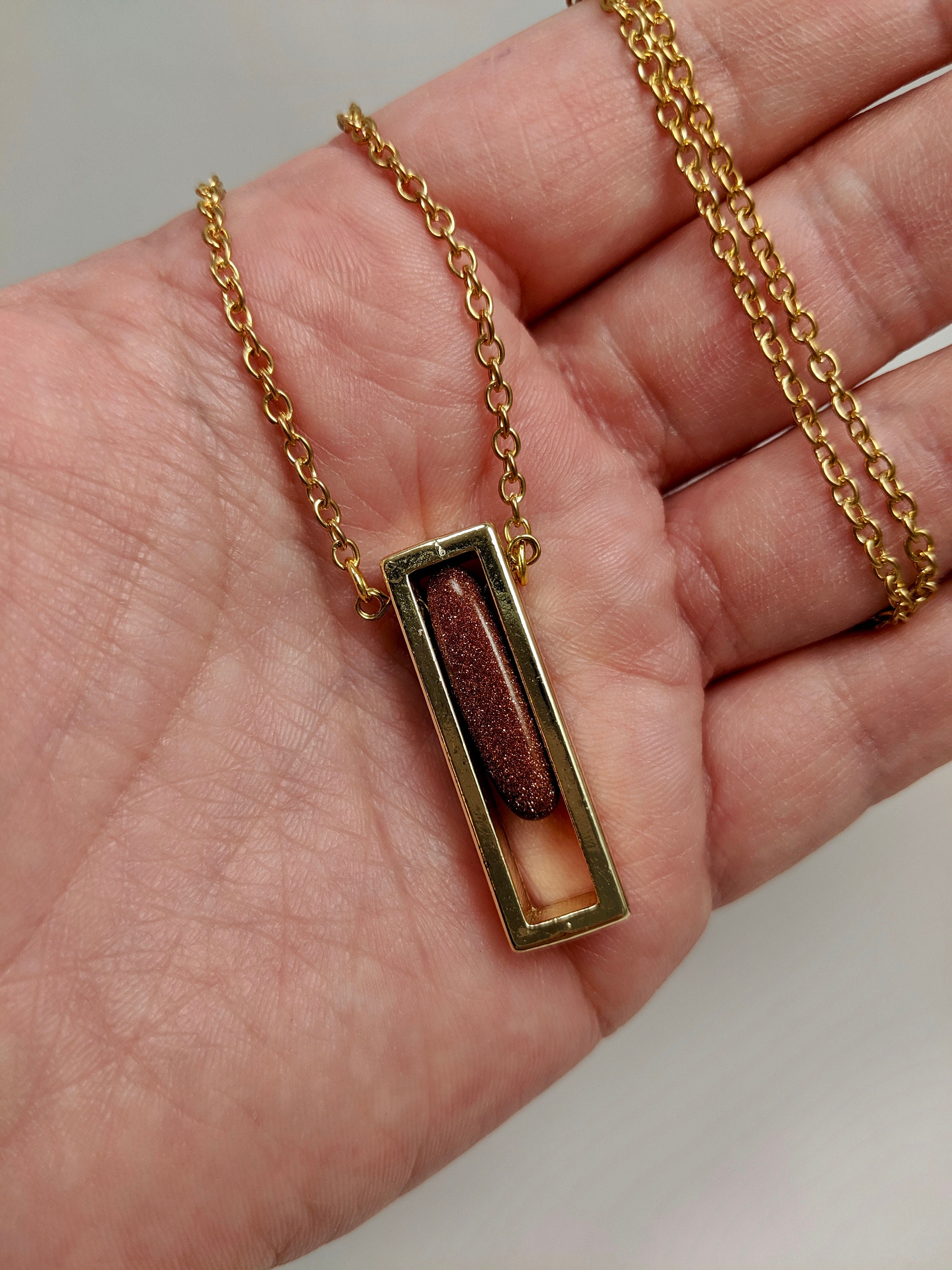 Red Goldstone and Gold Rectangle Pendant Necklace Goldstone | Etsy