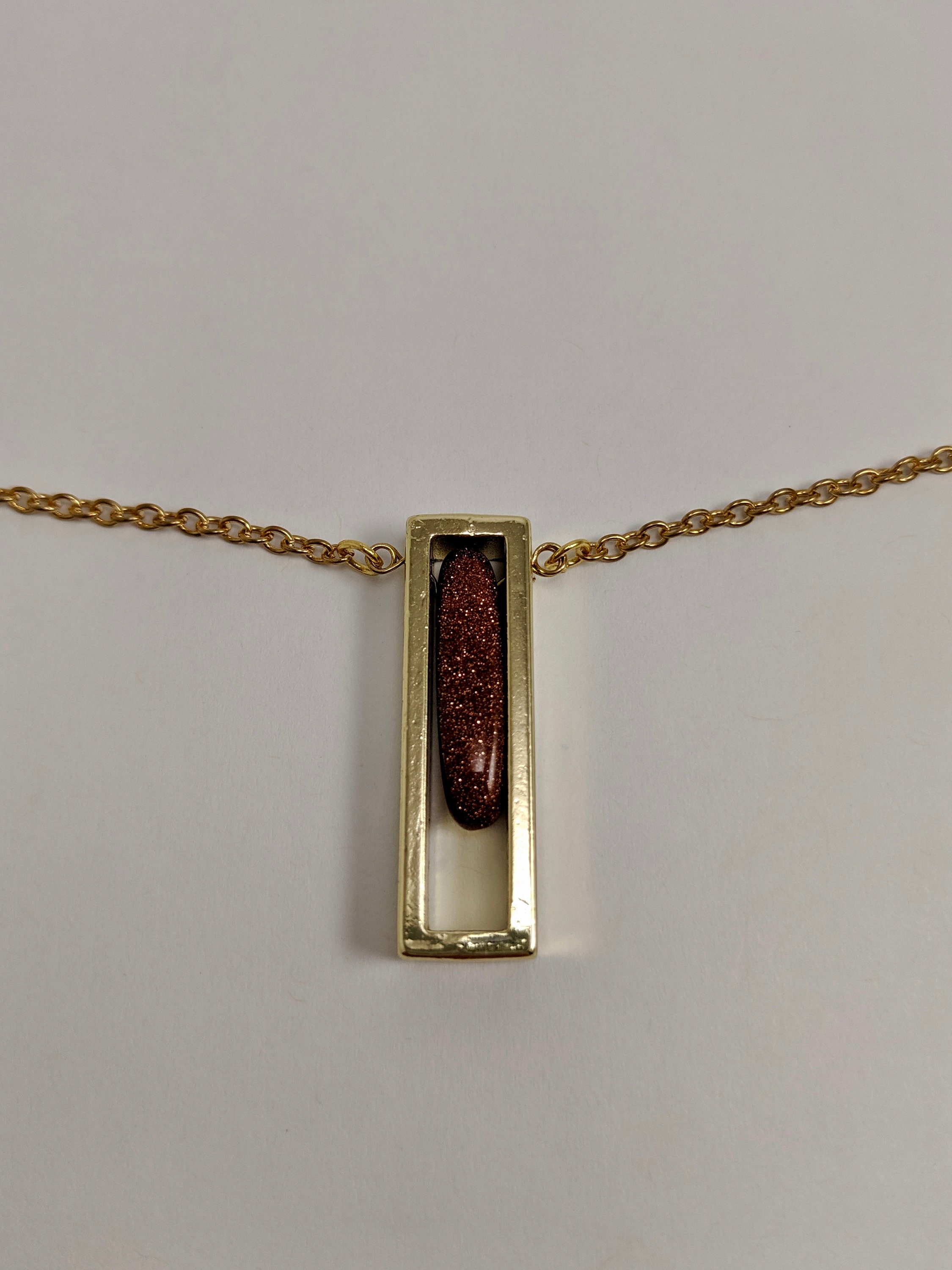 Red Goldstone and Gold Rectangle Pendant Necklace Goldstone | Etsy