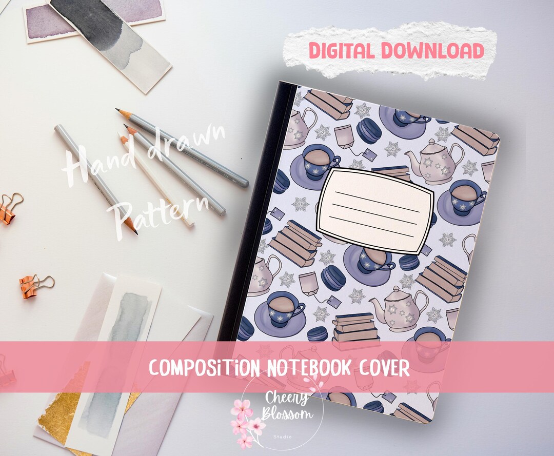 Printable Composition Notebook Cover PNG Wintery Tea Time Pattern ...