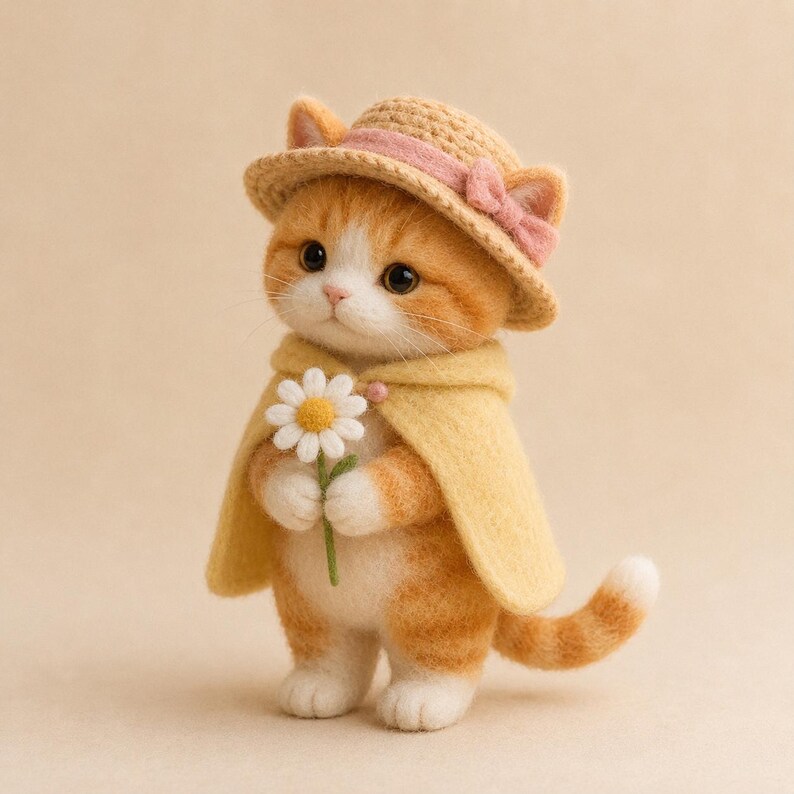 Needle Felted Cat Holding Flower, Cute Orange Tabby Cat Figurine ...