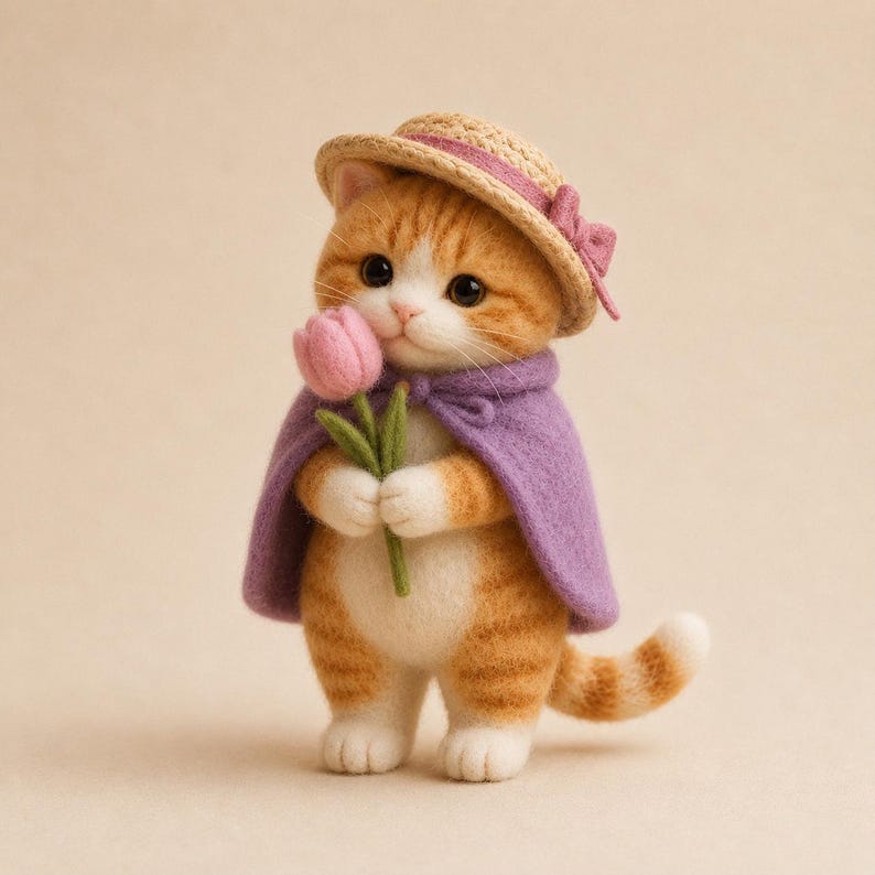 Needle Felted Cat Holding Flower, Cute Orange Tabby Cat Figurine ...
