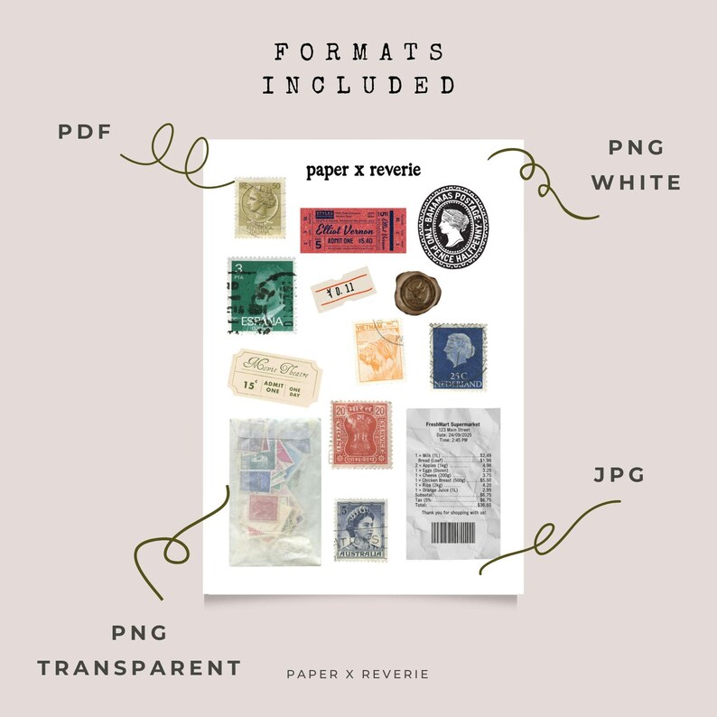 Vintage Ephemera Sticker Sheet: Stamps, Tickets, Receipts (digital ...