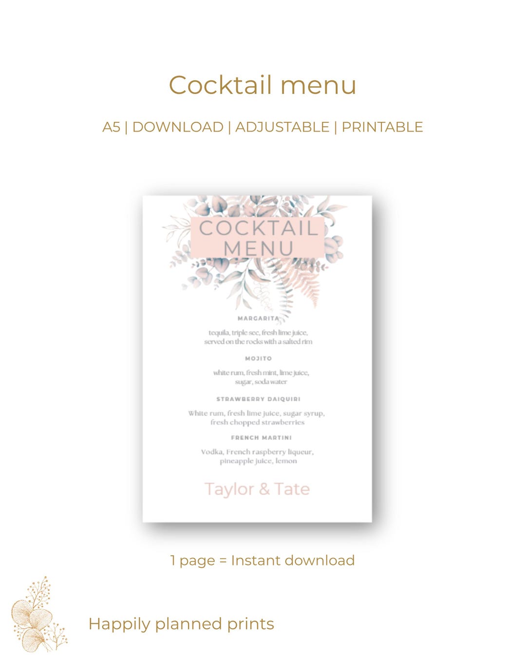Wedding Cocktail Menu Sign | Pink Floral Theme | Adjustable | Digital ...