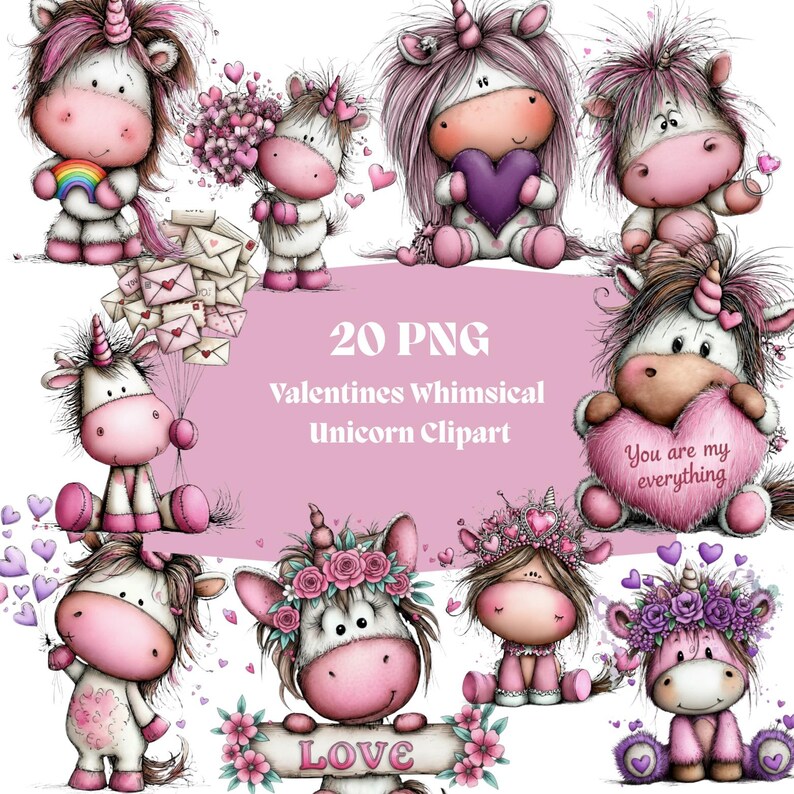 20 PNG Whimsical Unicorn Clipart Bundle | Valentines Day Sublimation ...
