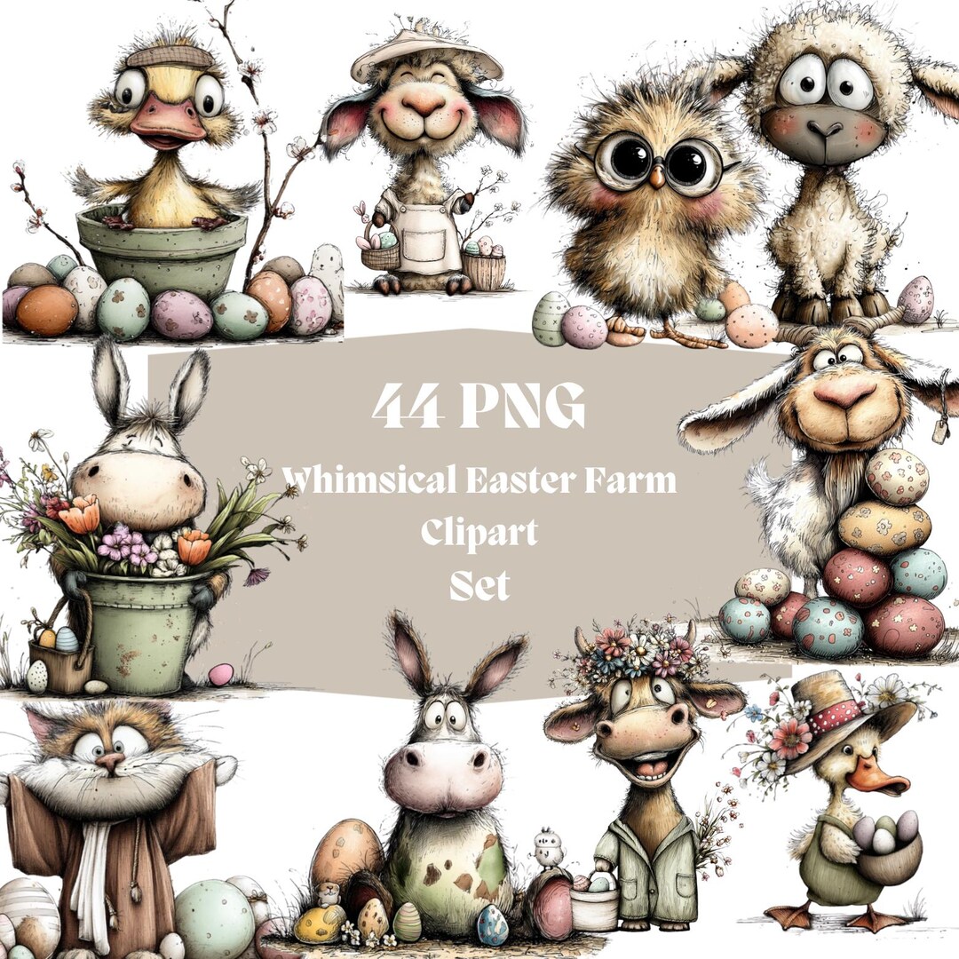 Whimsical Easter Farm Clipart, 44 PNG JPG, Watercolor Animals, Digital ...