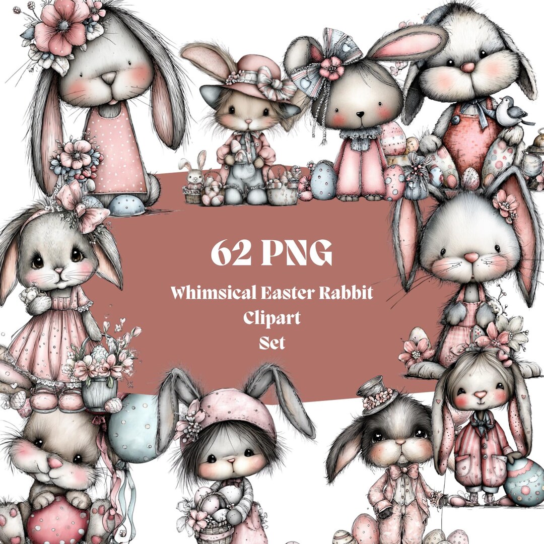 Whimsical Easter Bunny Clipart, Cute Rabbit 62 PNG Set - Etsy