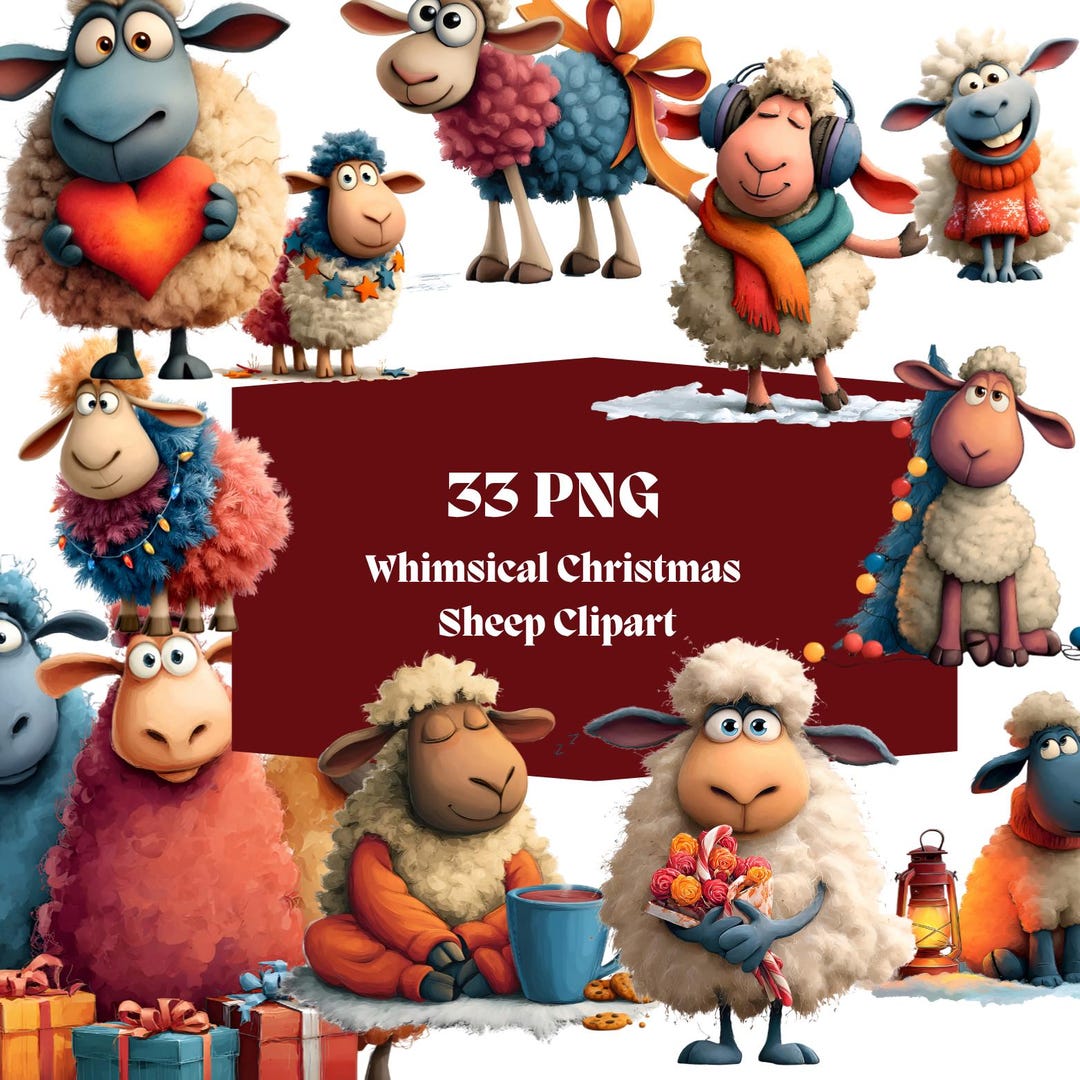 Whimsical Christmas Sheep Clipart Set, Cute Winter Farm Animal PNG ...
