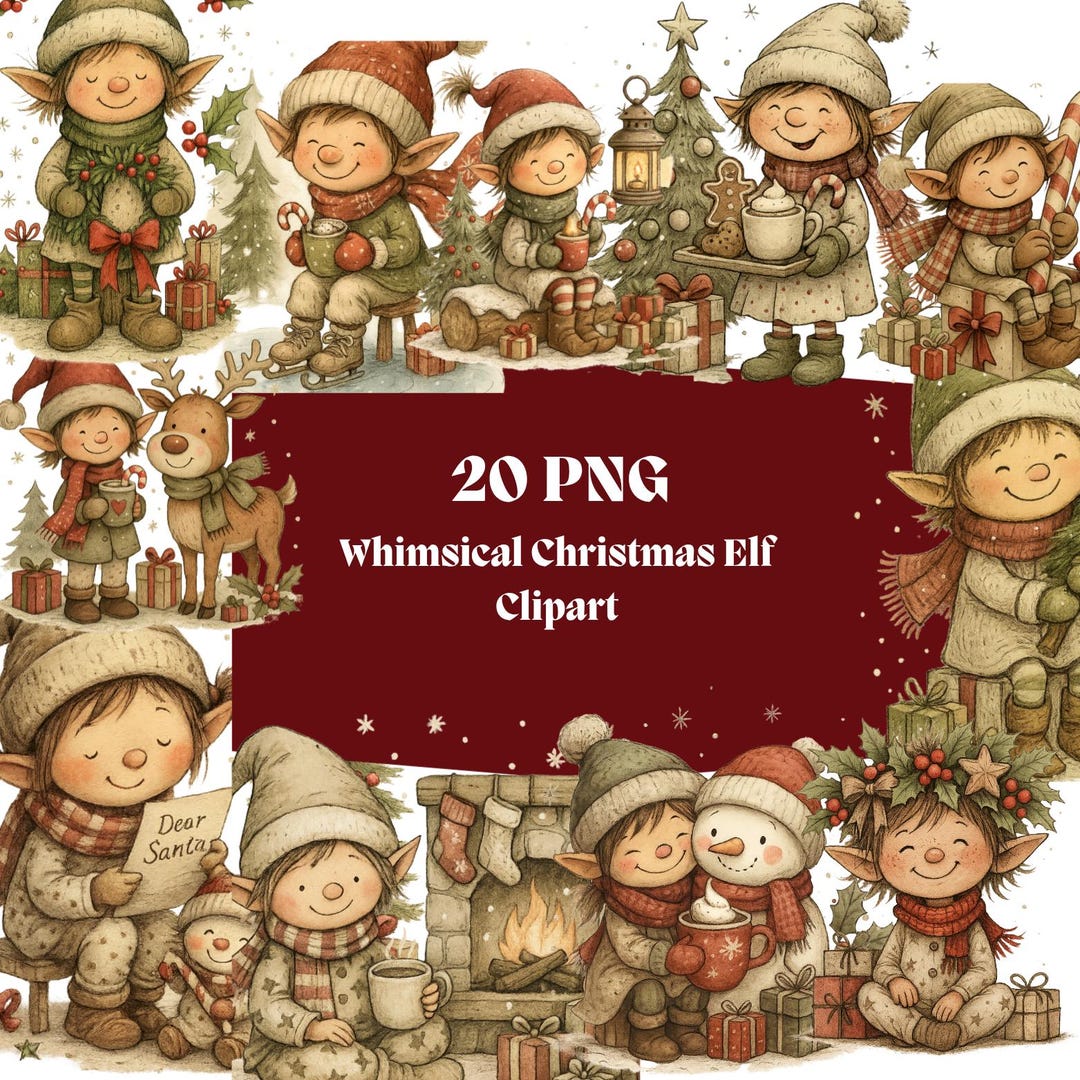 Whimsical Christmas Elf Clipart Set, 20 PNG Holiday Characters, Cozy ...