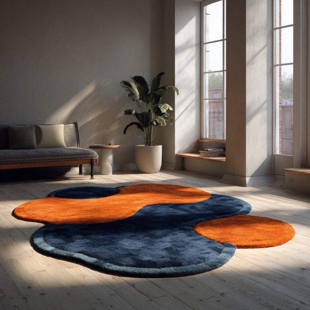 Abstract Blob Rug 6x8ft | Navy Blue Orange Modern Carpet | Retro ...