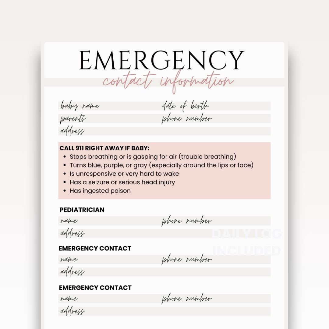 Baby Emergency Contact Information Sheet Digital Download PDF Printable ...