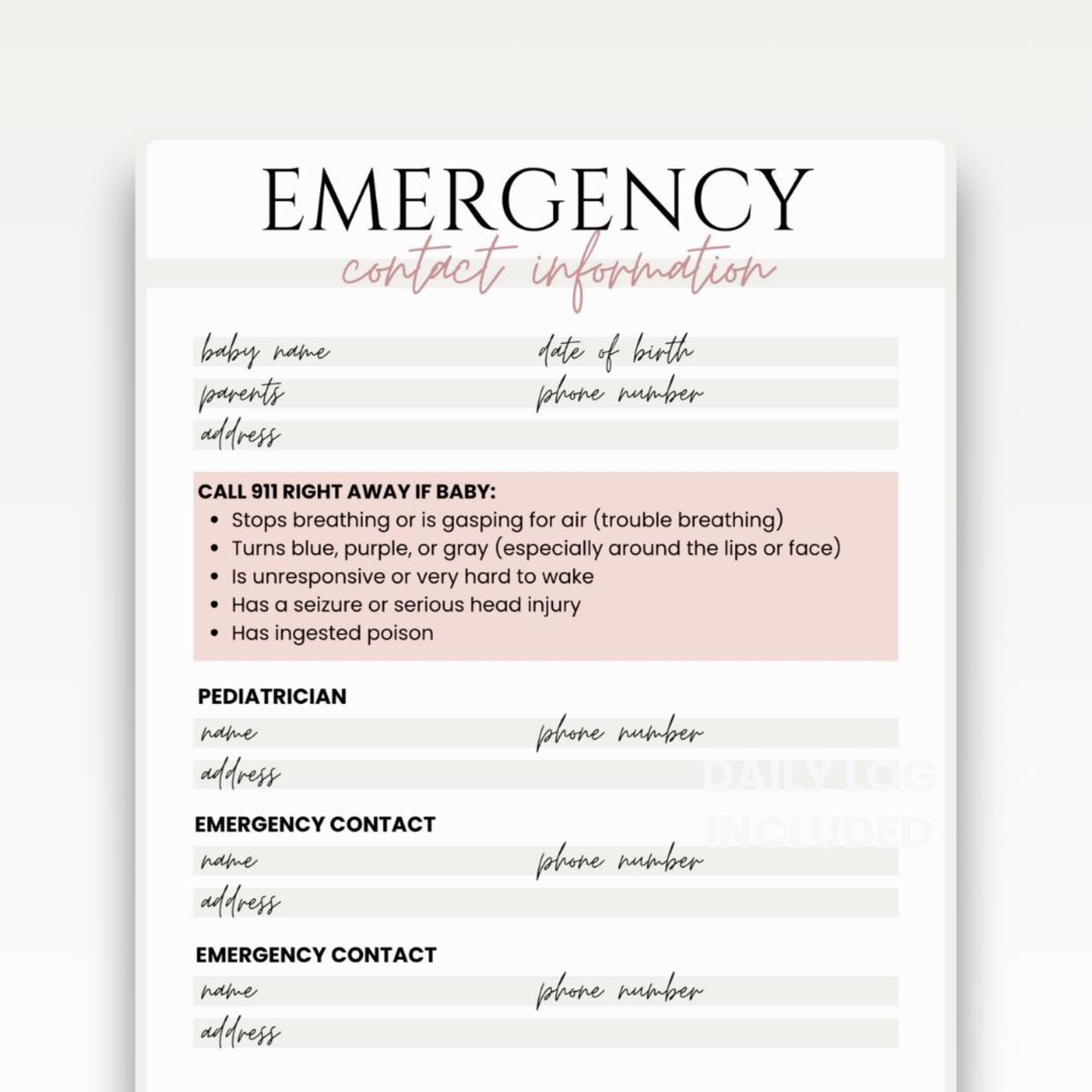 Baby Emergency Contact Information Sheet Digital Download PDF Printable ...