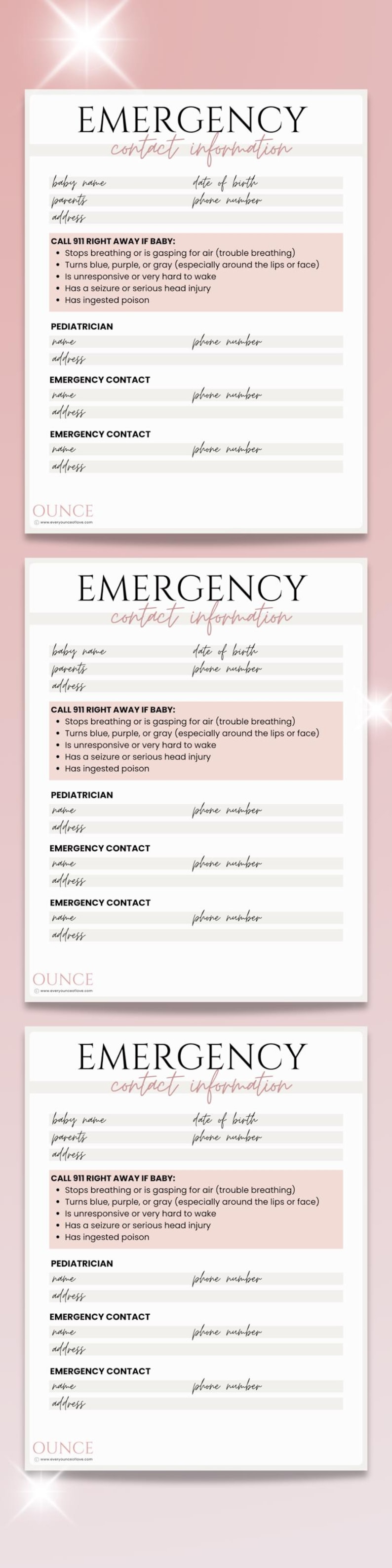 Baby Emergency Contact Information Sheet Digital Download PDF Printable ...