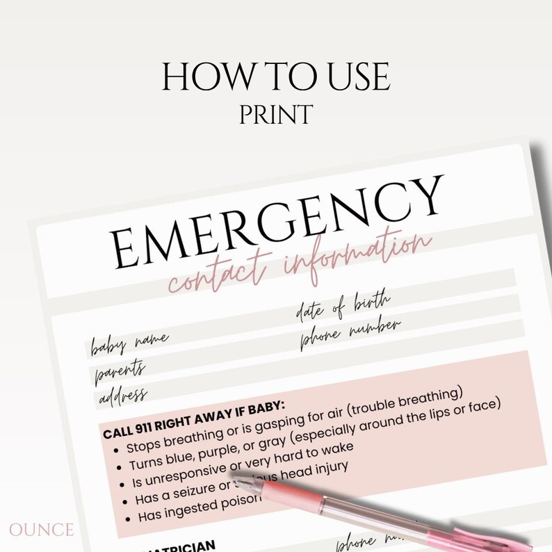 Baby Emergency Contact Information Sheet Digital Download PDF Printable ...