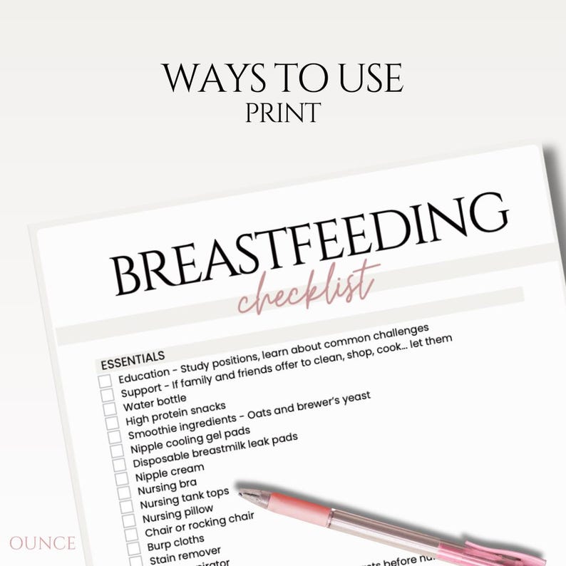 Breastfeeding Checklist Printable Nursing Essential List New Mom Guide ...