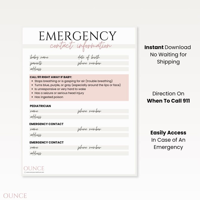 Baby Emergency Contact Information Sheet Digital Download PDF Printable ...