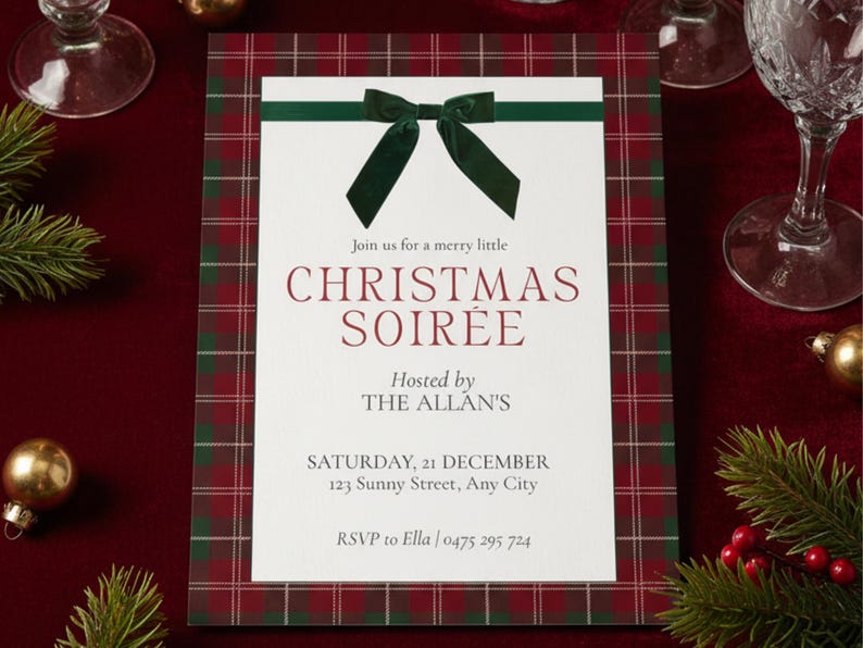 Tartan & Velvet Christmas Soiree Invitation Template (canva Editable ...