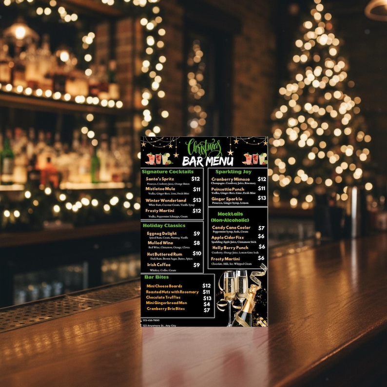 Christmas Bar Menu, Holiday Cocktail Menu, Party Drinks, Printable Xmas ...