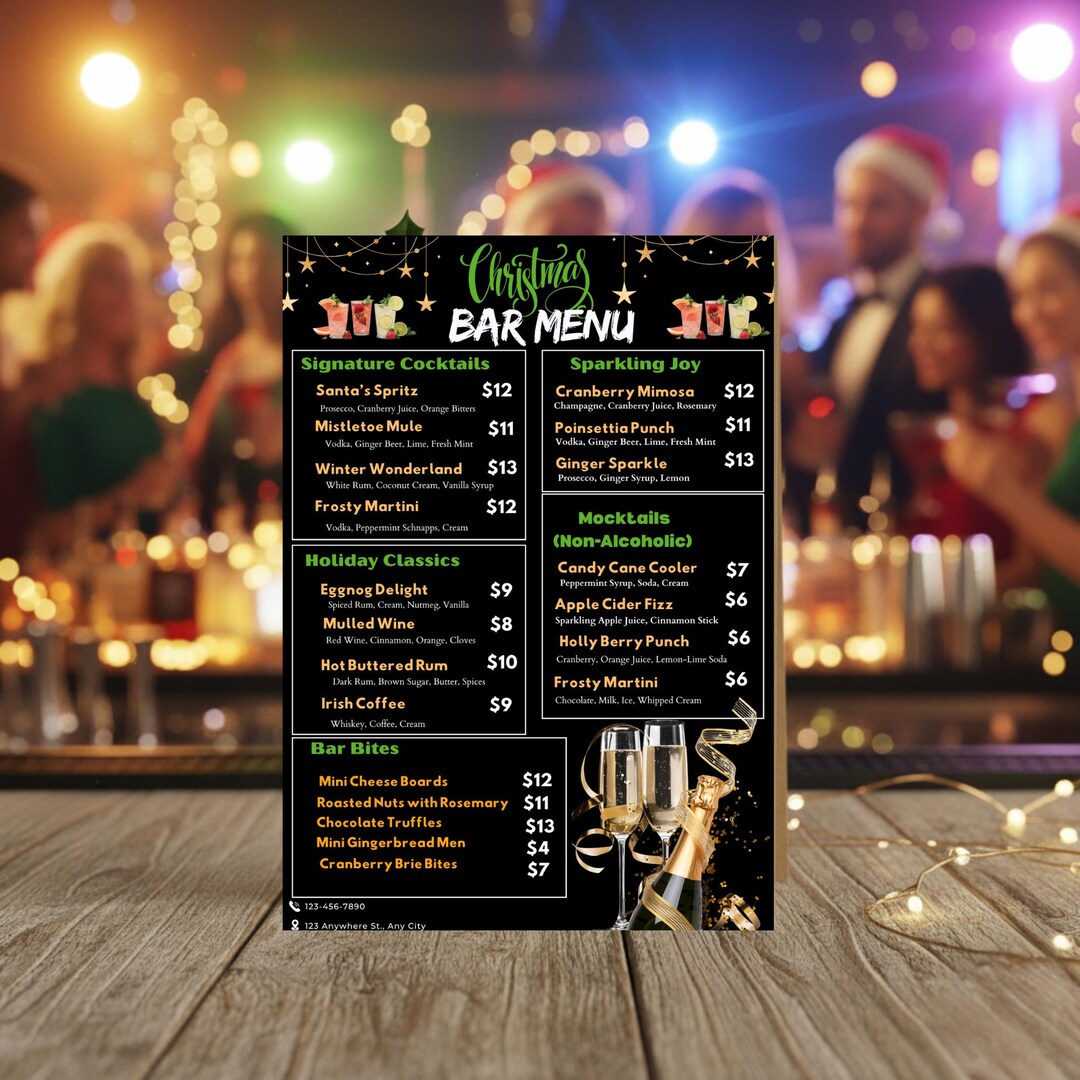 Christmas Bar Menu, Holiday Cocktail Menu, Party Drinks, Printable Xmas ...