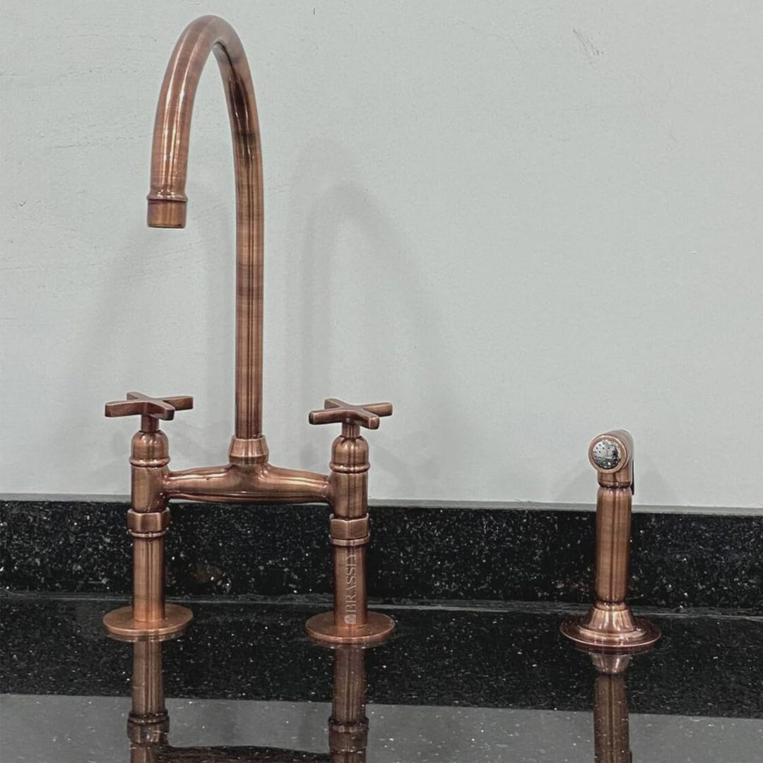 Solid Copper Bridge Kitchen Faucet - Unlacquered With Side Sprayer - Etsy