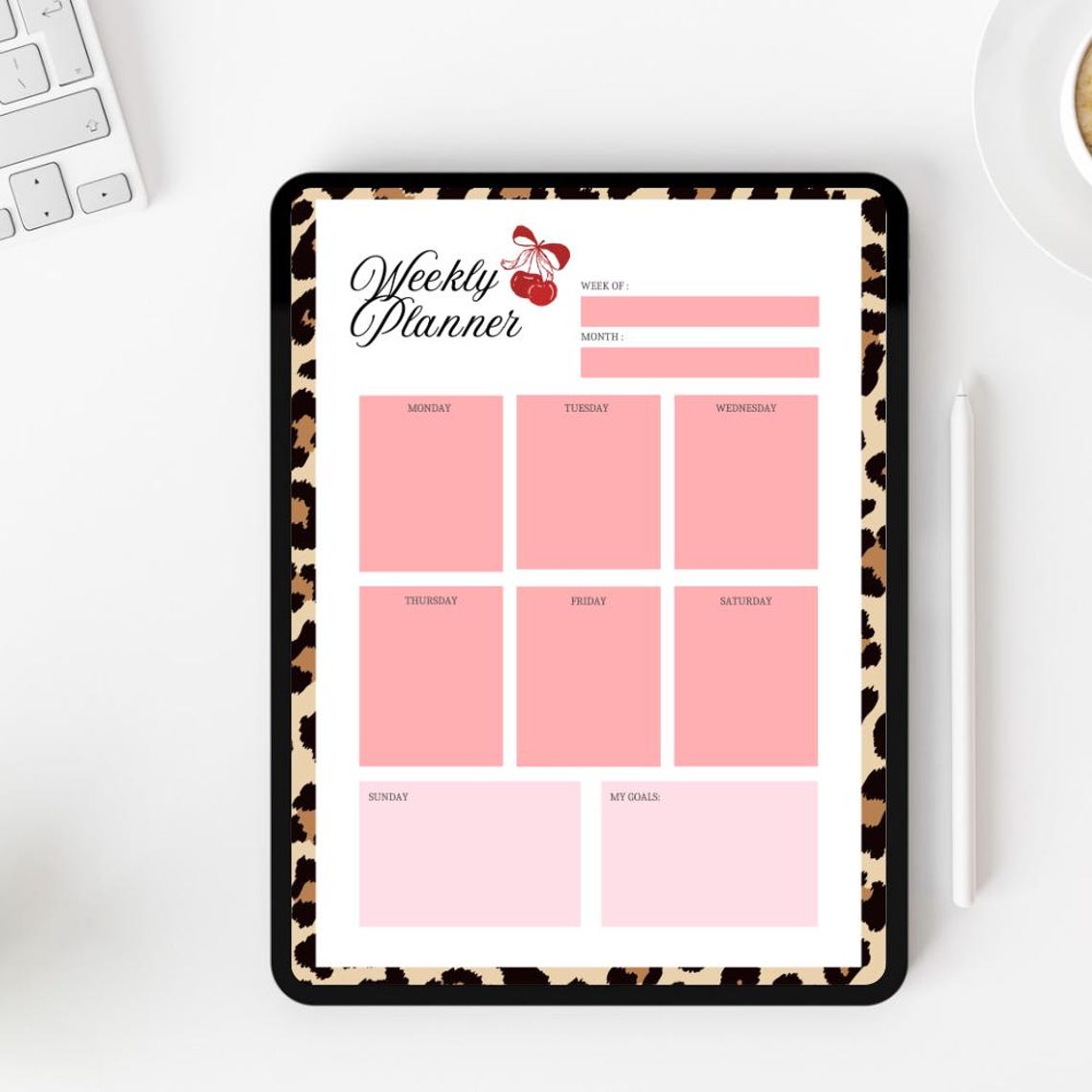 Stylish Weekly Planner PDF | Leopard Print & Pink Cherry Design ...