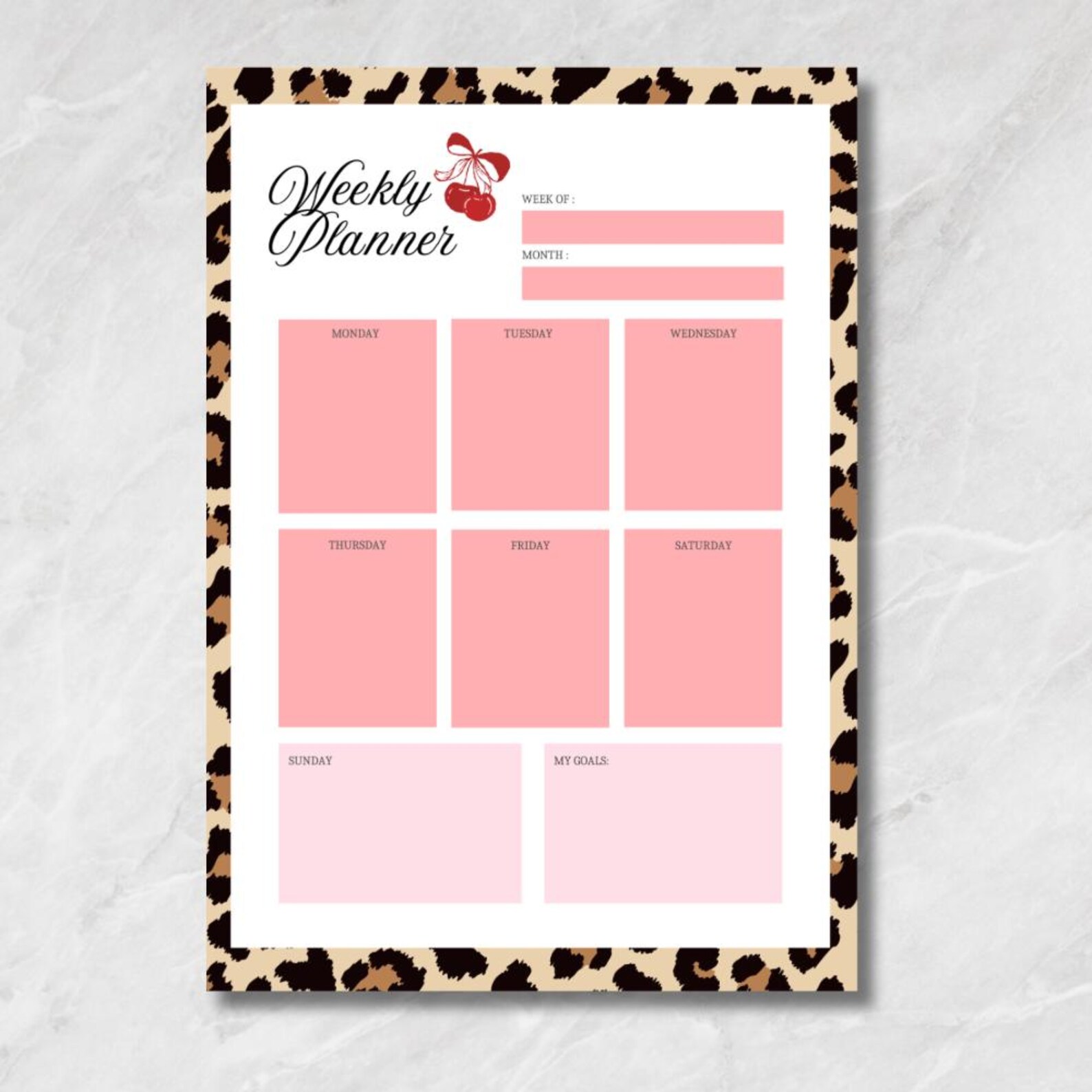 Stylish Weekly Planner PDF | Leopard Print & Pink Cherry Design ...