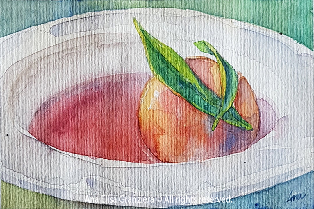 Small Watercolor Painting - Poached Peach in Syrup in White Plate - Etsy