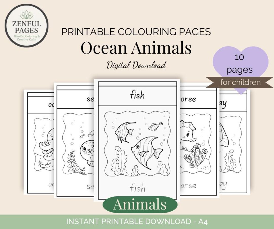 Printable Ocean Animal Colouring Pages for Kids A4 Digital Download Sea ...