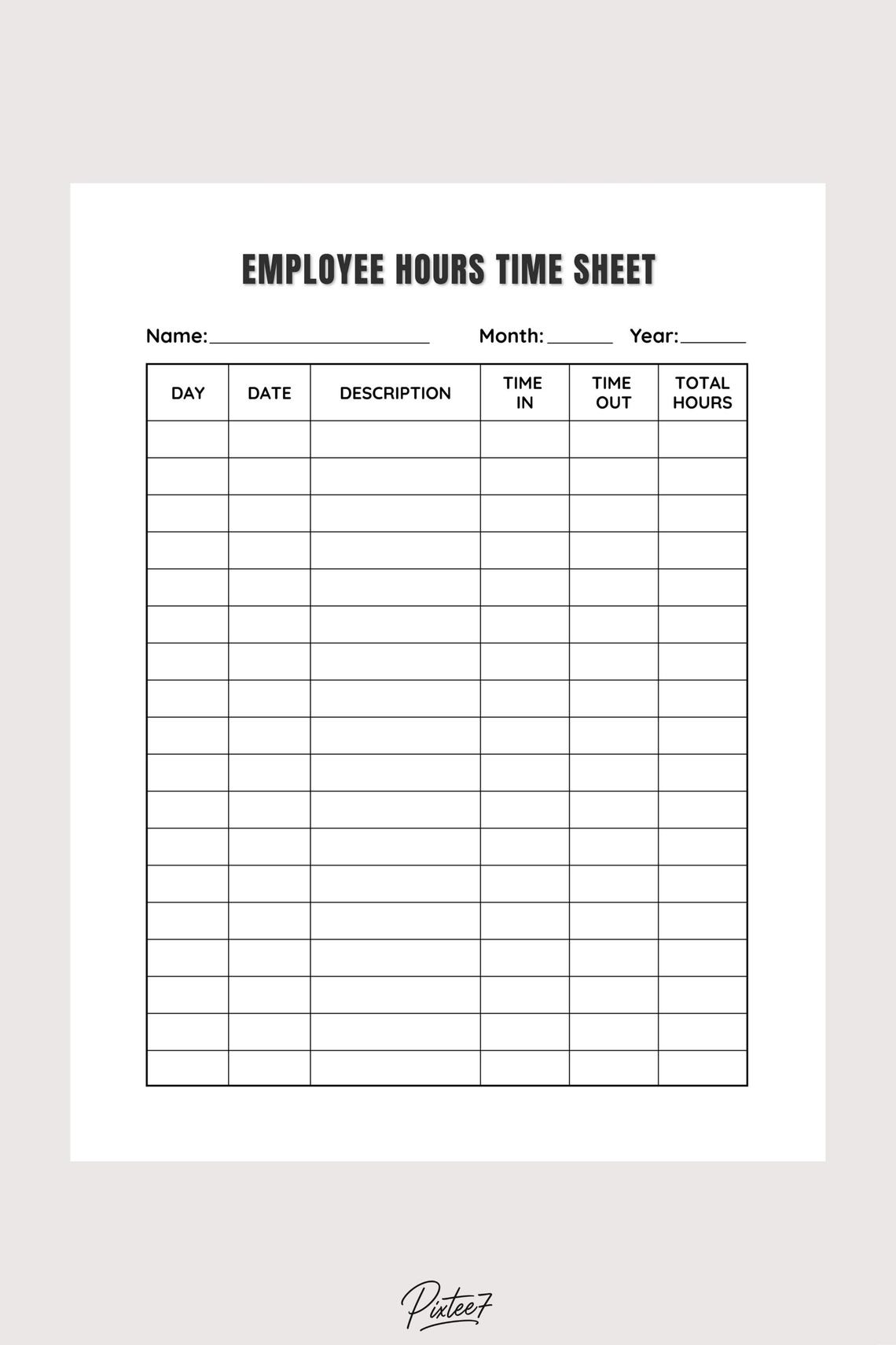 Printable Time Sheet PDF, Employee Timesheet Template, A4 & US Letter ...