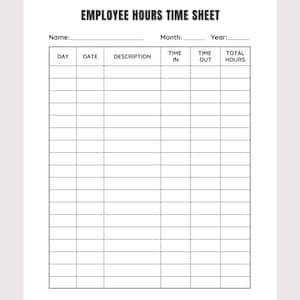 Printable Time Sheet PDF, Employee Timesheet Template, A4 & US Letter ...