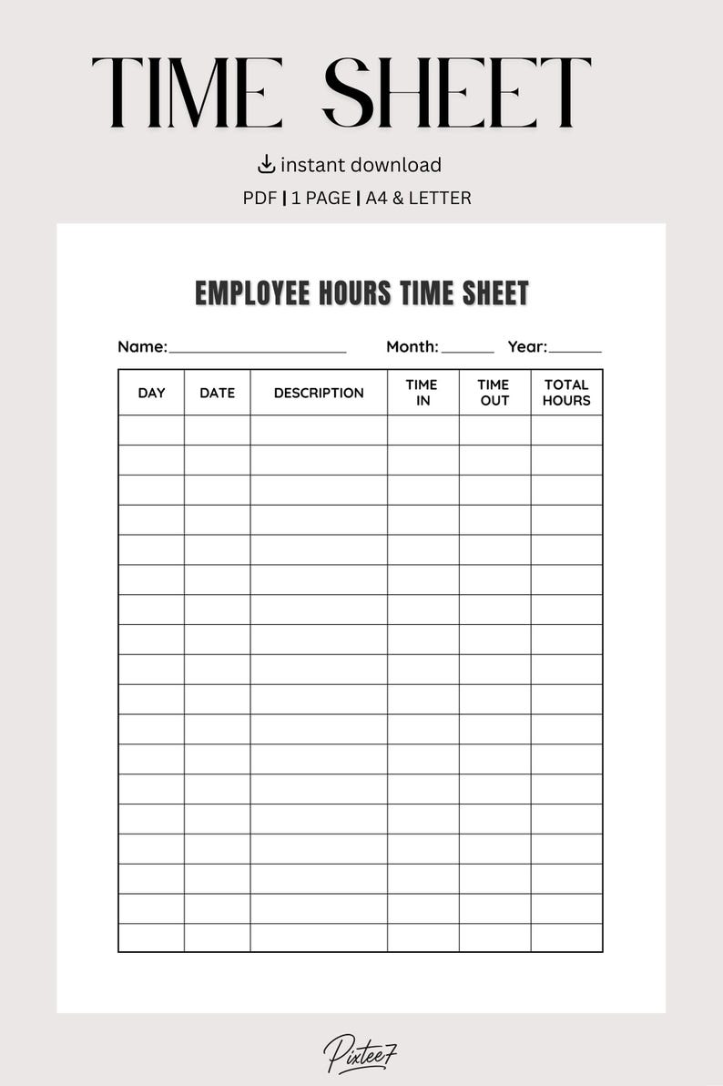 Printable Time Sheet PDF, Employee Timesheet Template, A4 & US Letter ...