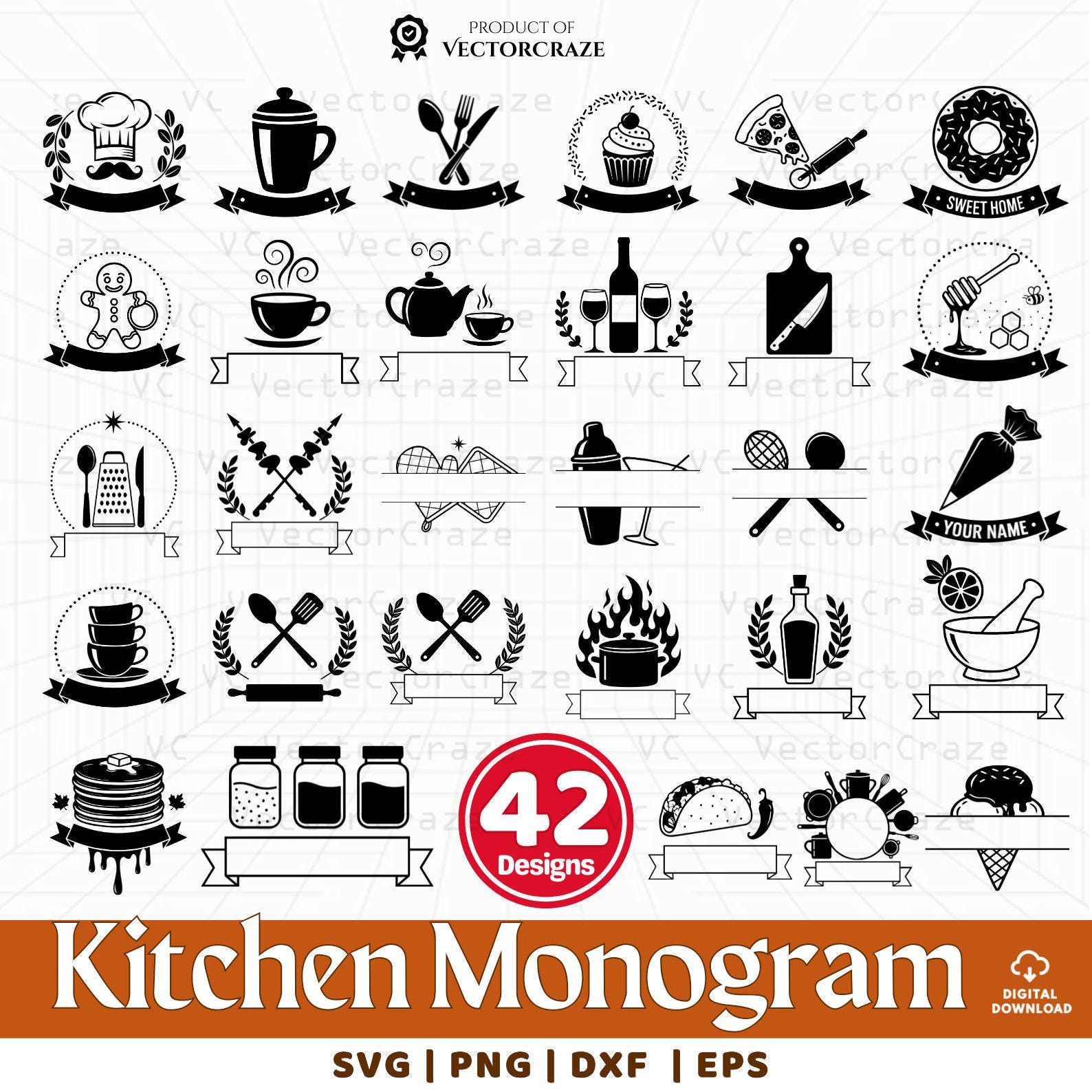 Kitchen Monogram SVG Bundle: 42 Designs - Utensil, Chef, Baking ...