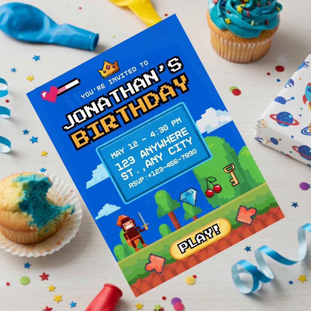 Pixel Art Video Game Birthday Invitation: Editable Arcade Party Evite ...
