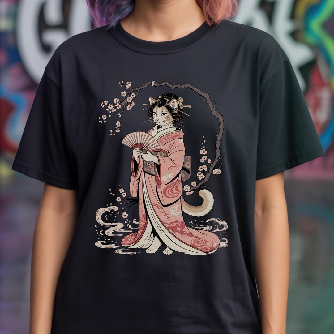 Geisha Cat T Shirt | Japanese Ukiyo-e Feline Tee | Cherry Blossom ...
