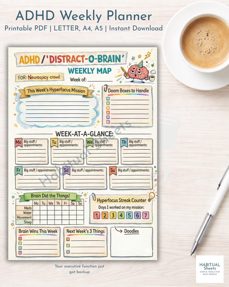 ADHD Weekly Planner, Neurodivergent Focus Map (US Letter/a4/a5 PDF) - Etsy