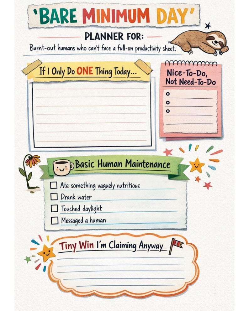 Bare Minimum Day Planner Printable, Burnout Self-care Checklist (A4/A5 ...