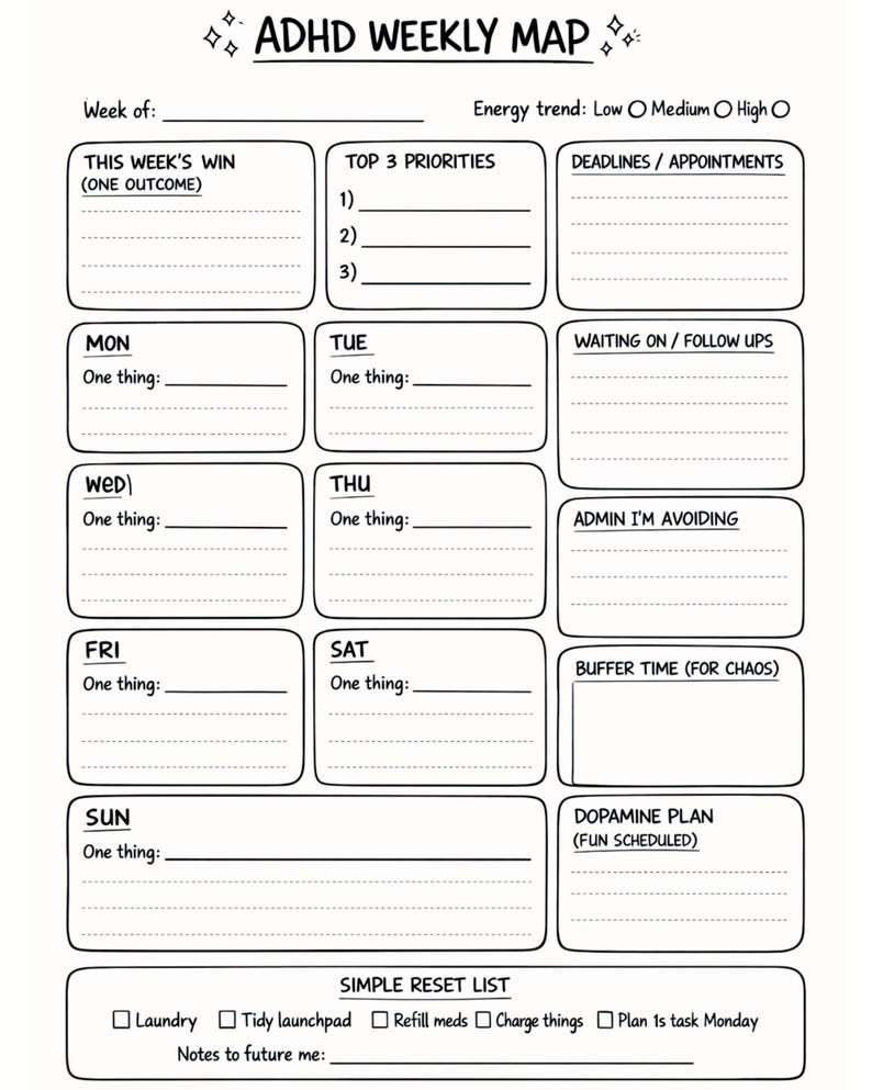 ADHD Weekly Planner | Executive Function Printable (US Letter, A4, A5 ...