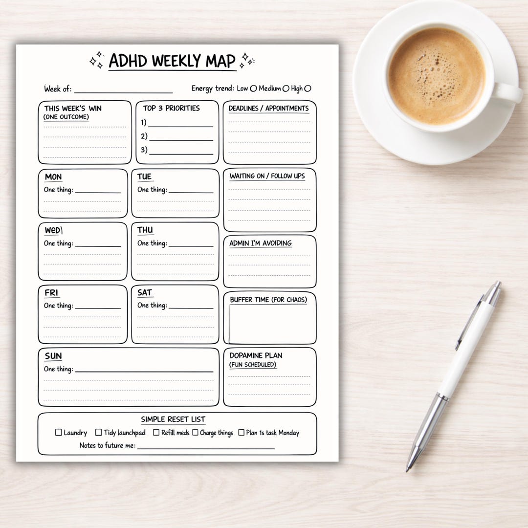 ADHD Weekly Planner | Executive Function Printable (US Letter, A4, A5 ...