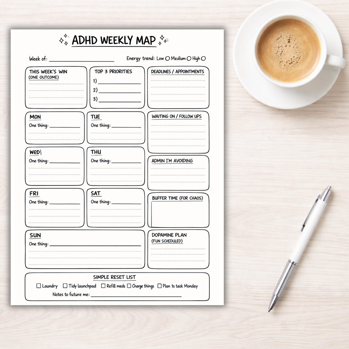 ADHD Weekly Planner | Executive Function Printable (US Letter, A4, A5 ...