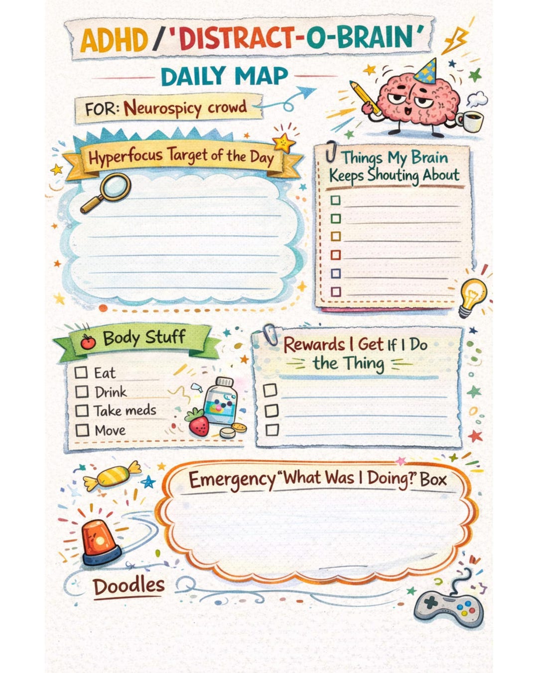 ADHD Daily Planner | Distract-o-brain Daily Map | Neurodivergent Focus + Brain Dump | A4/A5/US ...