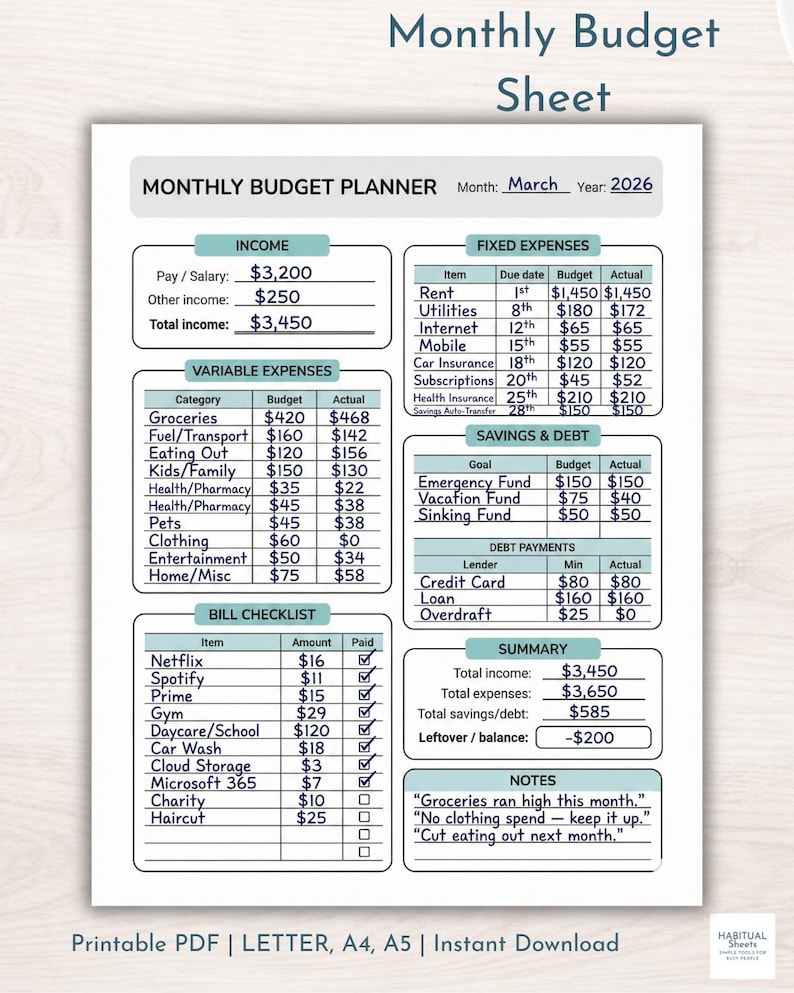 Monthly Budget Planner 2026 Printable | Simple Budget Sheet PDF ...