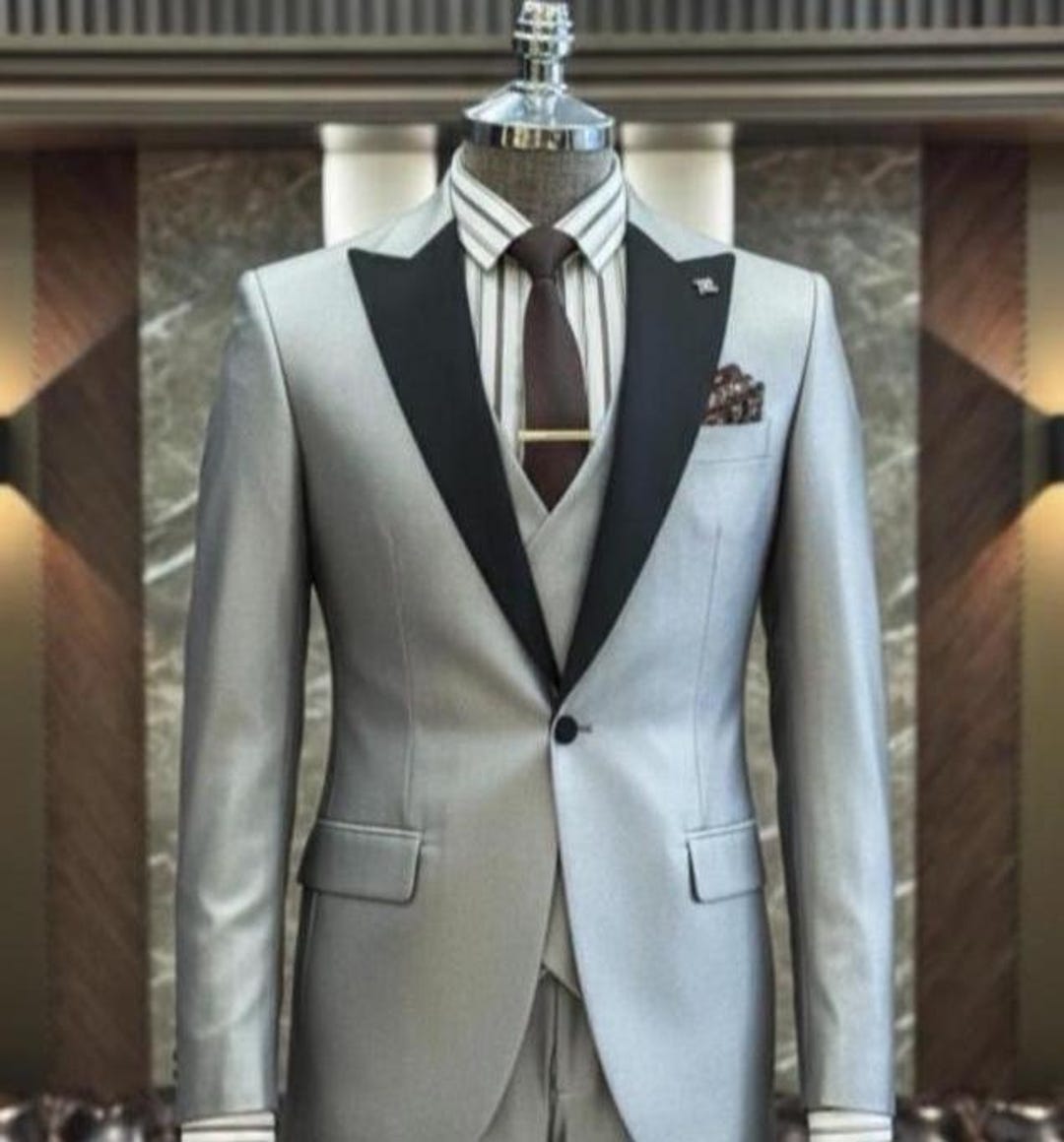 Men's Silver Tuxedo Three Peice Suit-black Satin Lapels-formal Slim Fit ...