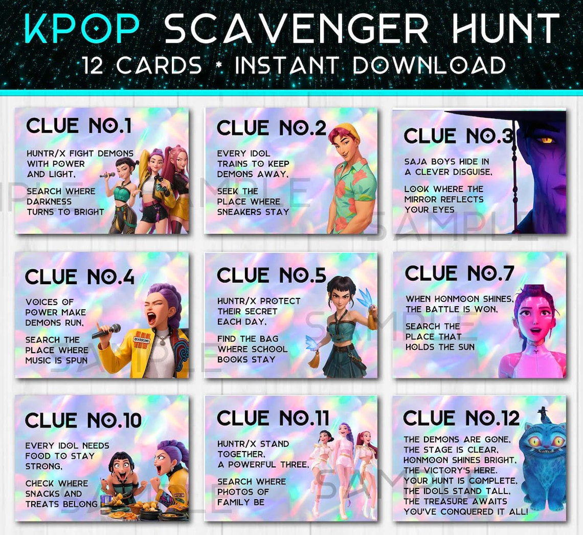 K-pop Demon Hunter Tricky Scavenger Hunt Clues Riddles Game | Party ...