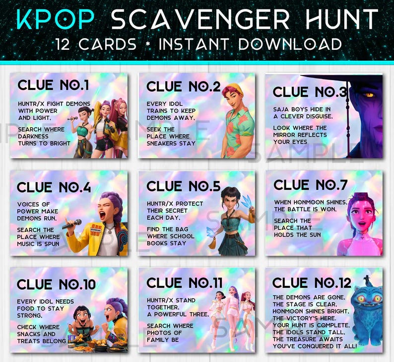 K-pop Demon Hunter Tricky Scavenger Hunt Clues Riddles Game | Party ...